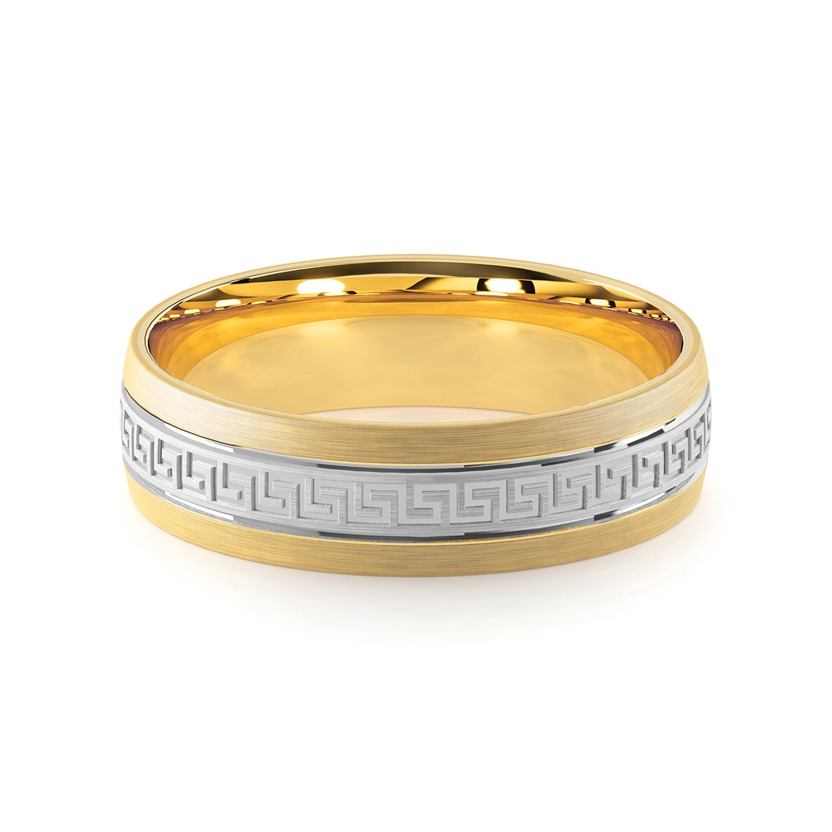 Comfort Fit 6MM Greek Key Inlay Wedding Ring with Satin Edges – Stakora